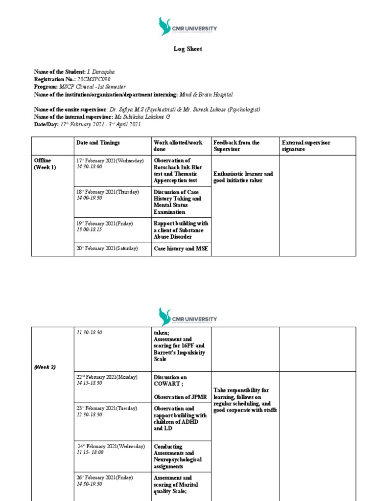 Final Log Sheet - Daraqsha | PDF | Obsessive–Compulsive Disorder ...