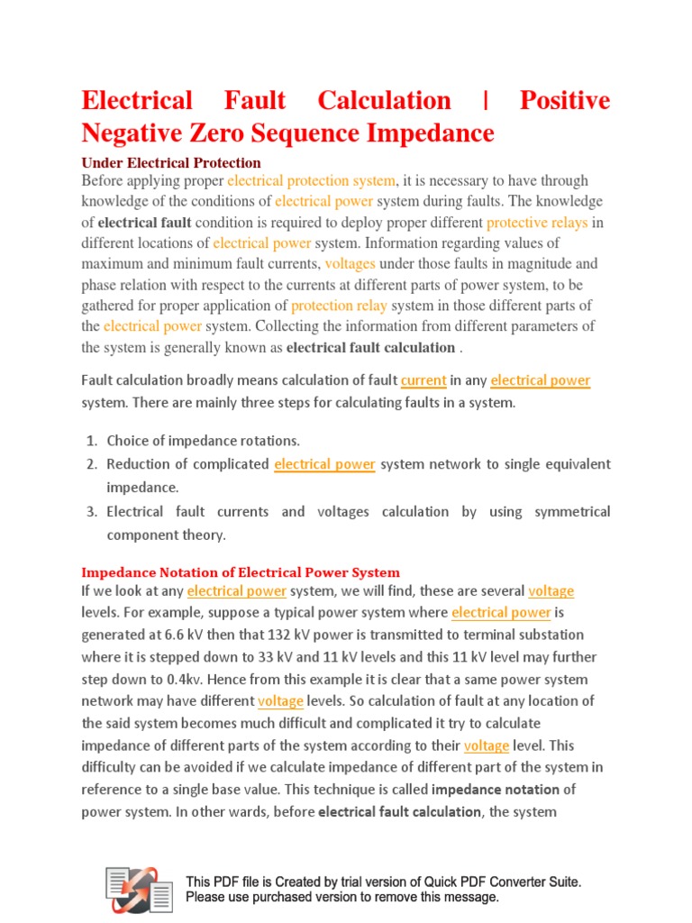 Electrical Fault Calculation Positive Negative Zero Sequence Impedance