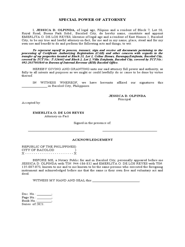 Special Power of Attorney - Car | PDF