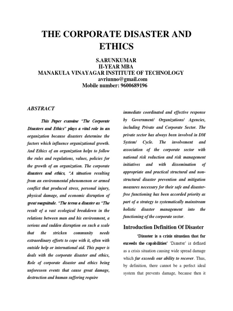 The Corporate Disaster and Ethics | PDF | Disaster Recovery | Emergency ...