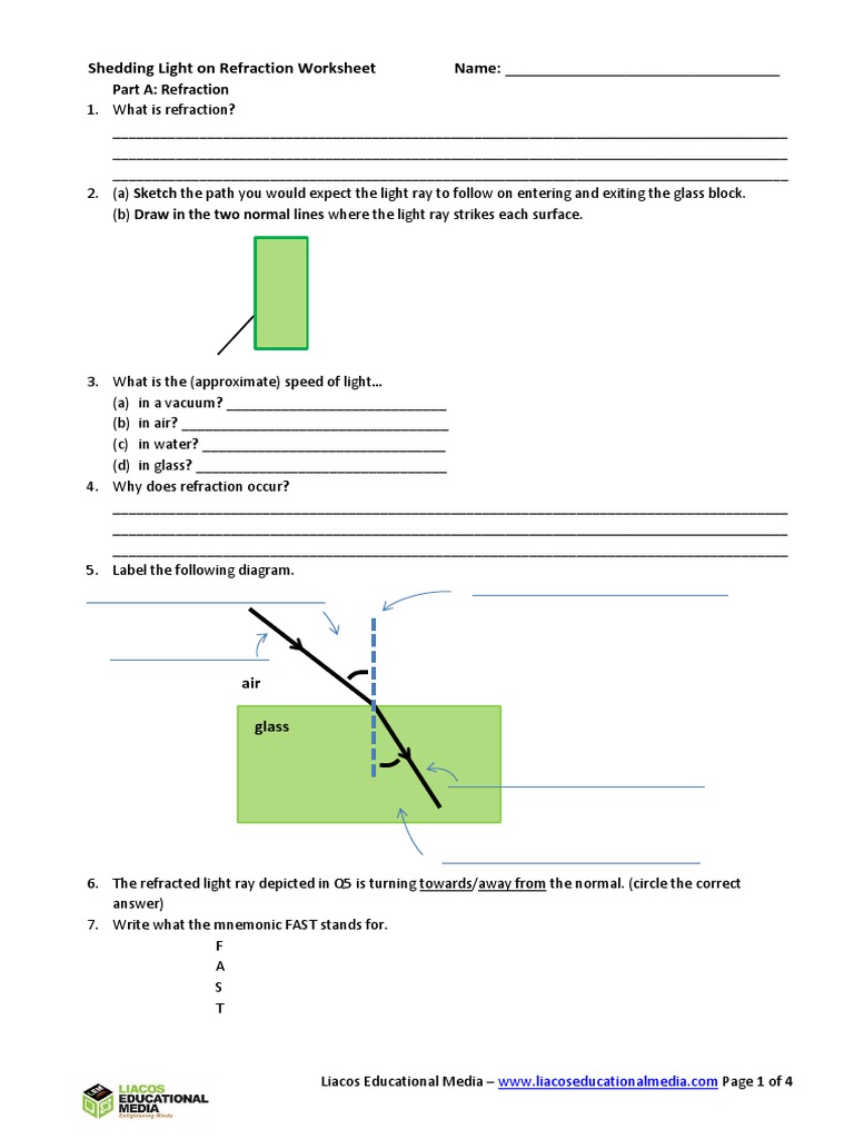 Refraction of Light Worksheet | PDF | Refraction | Refractive Index
