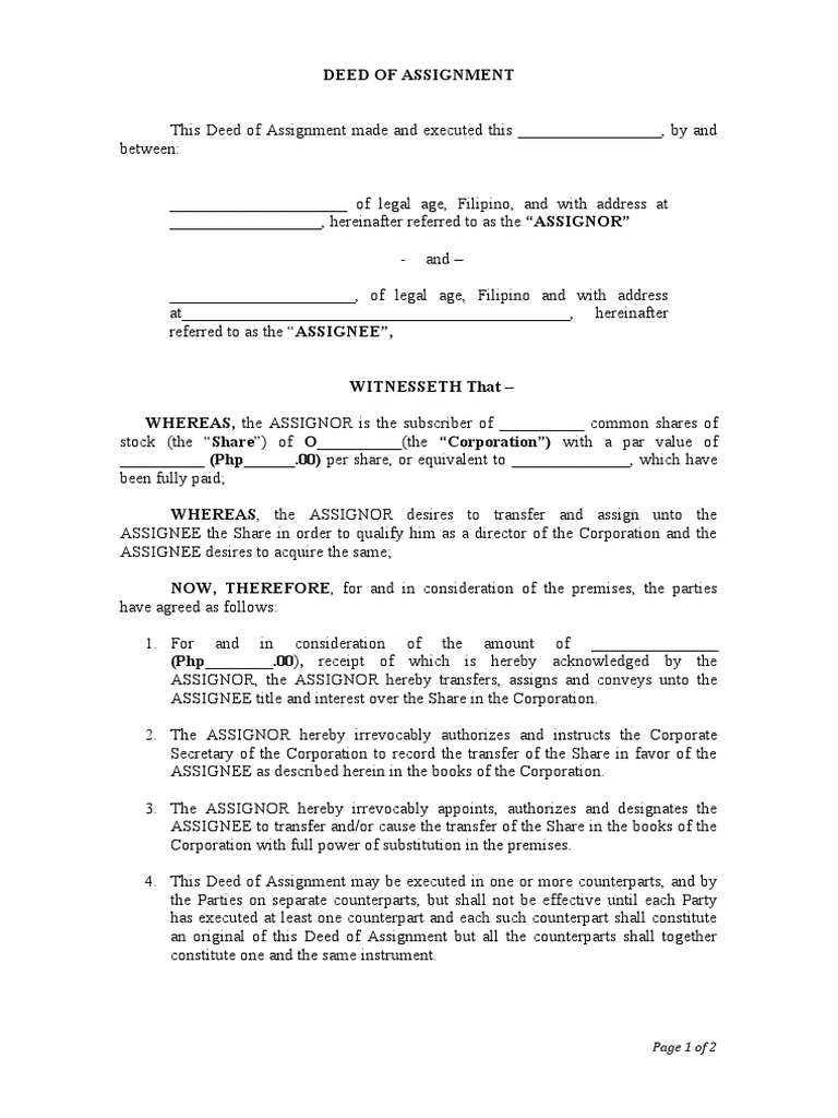 Deed of Assignment | PDF | Assignment (Law) | Law Of Obligations