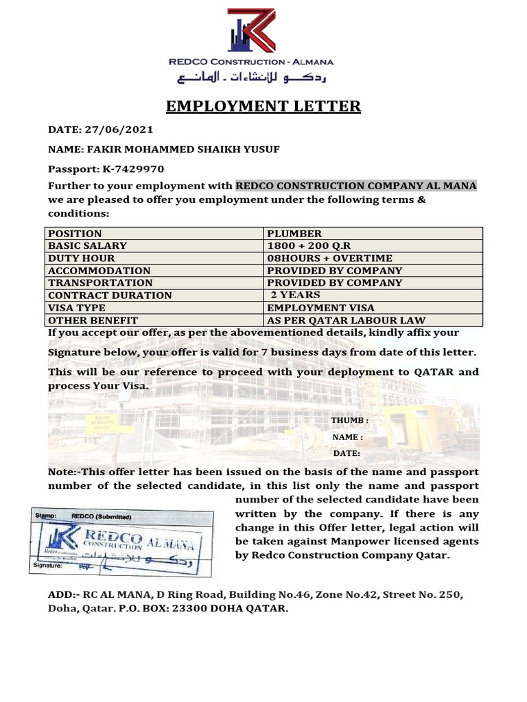 Redco Qatar Employment Offer Letter | PDF