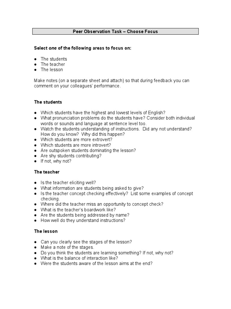 Peer Observation Task - Choose Focus | PDF