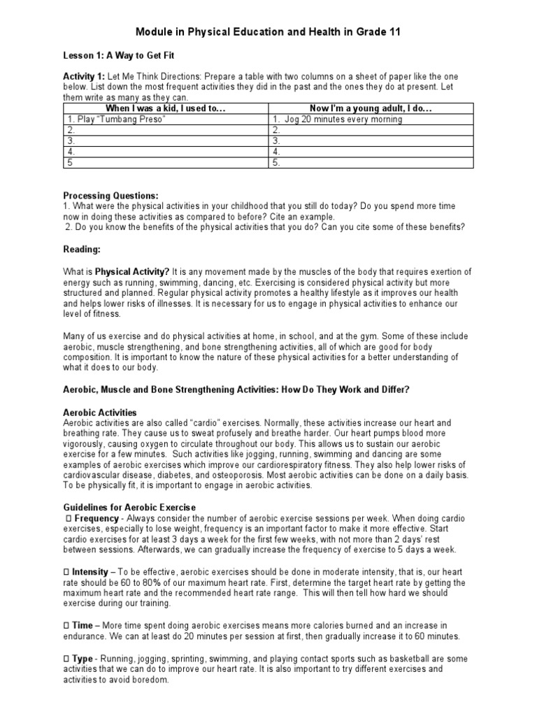 Module in Physical Education and Health in Grade 11 1 | PDF | Aerobic ...