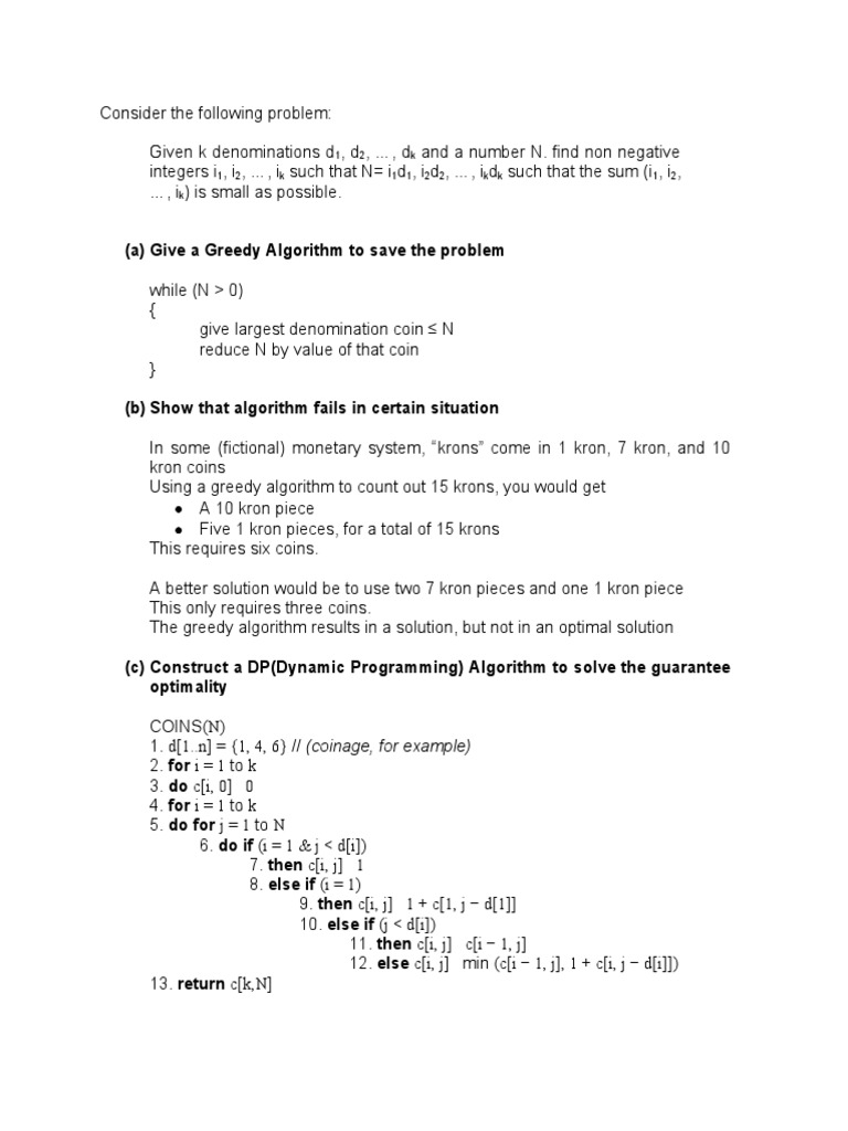 Optimal Coin Change Problem: Greedy Algorithm Fails But Dynamic Programming Succeeds | PDF