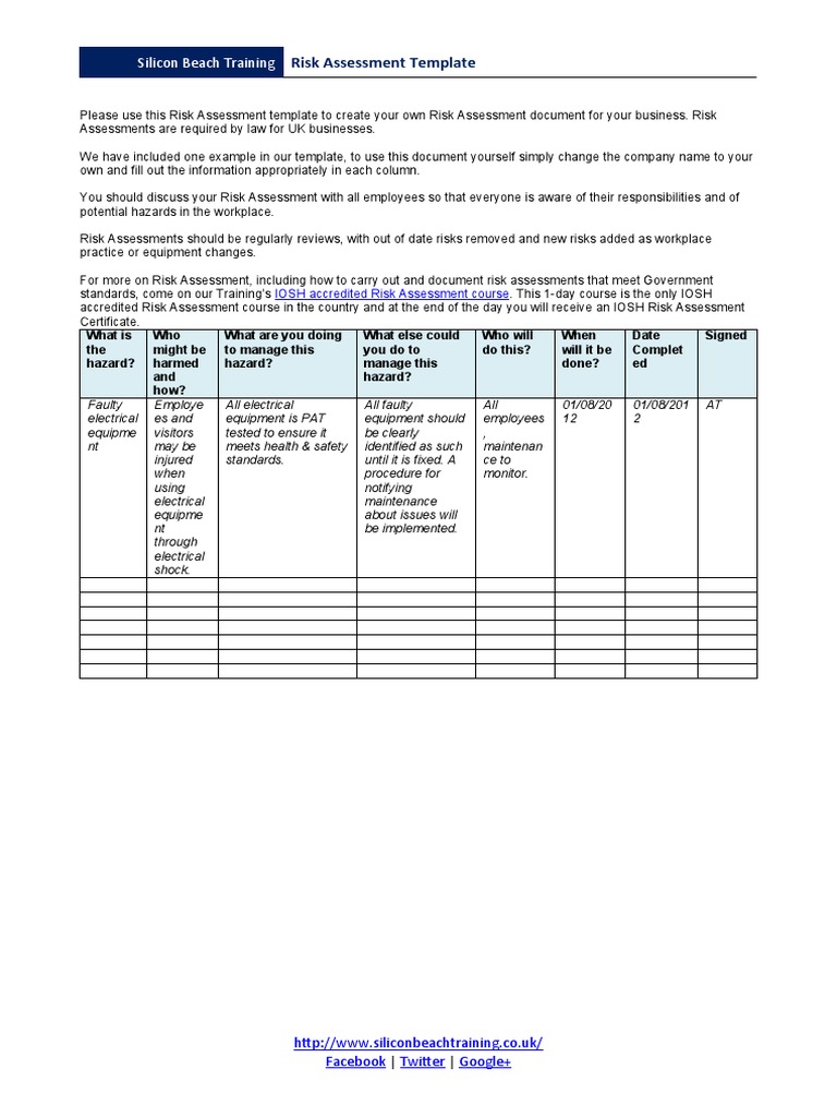 Risk Assessment Template: Silicon Beach Training | PDF