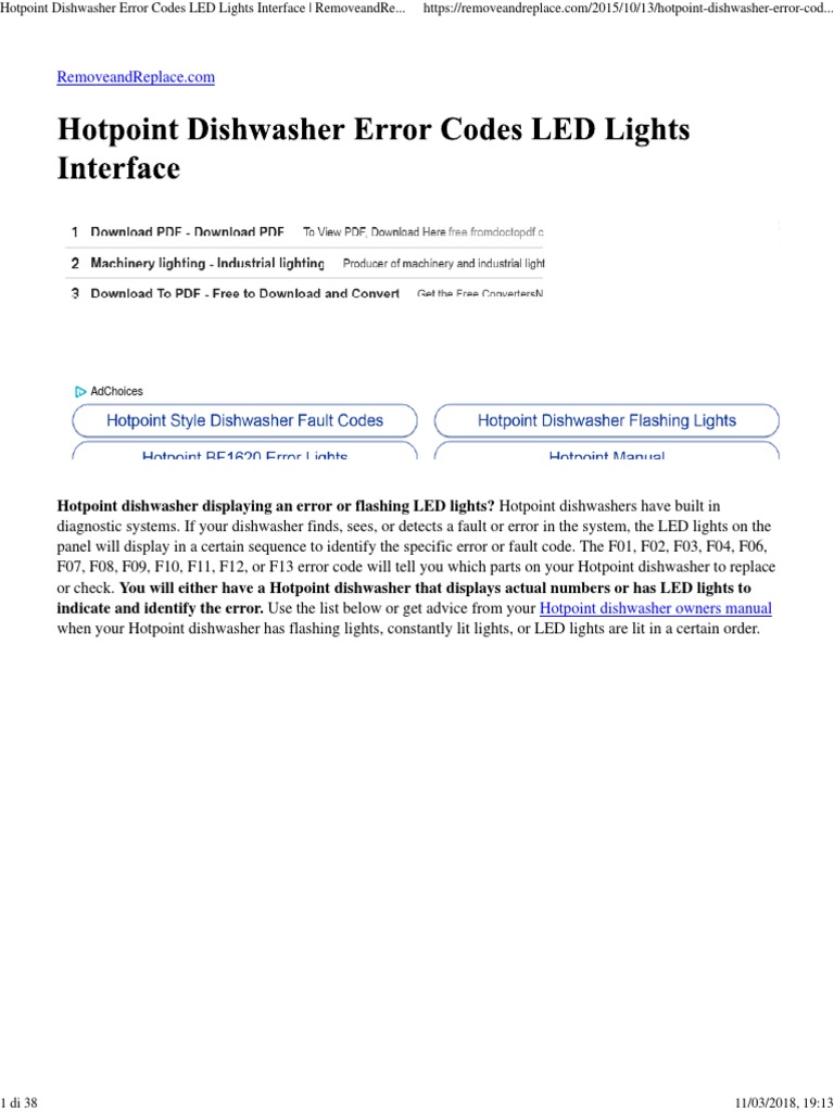 Hotpoint Dishwasher Error Codes LED Lights Interface - RemoveandReplace | PDF | Home Appliance ...