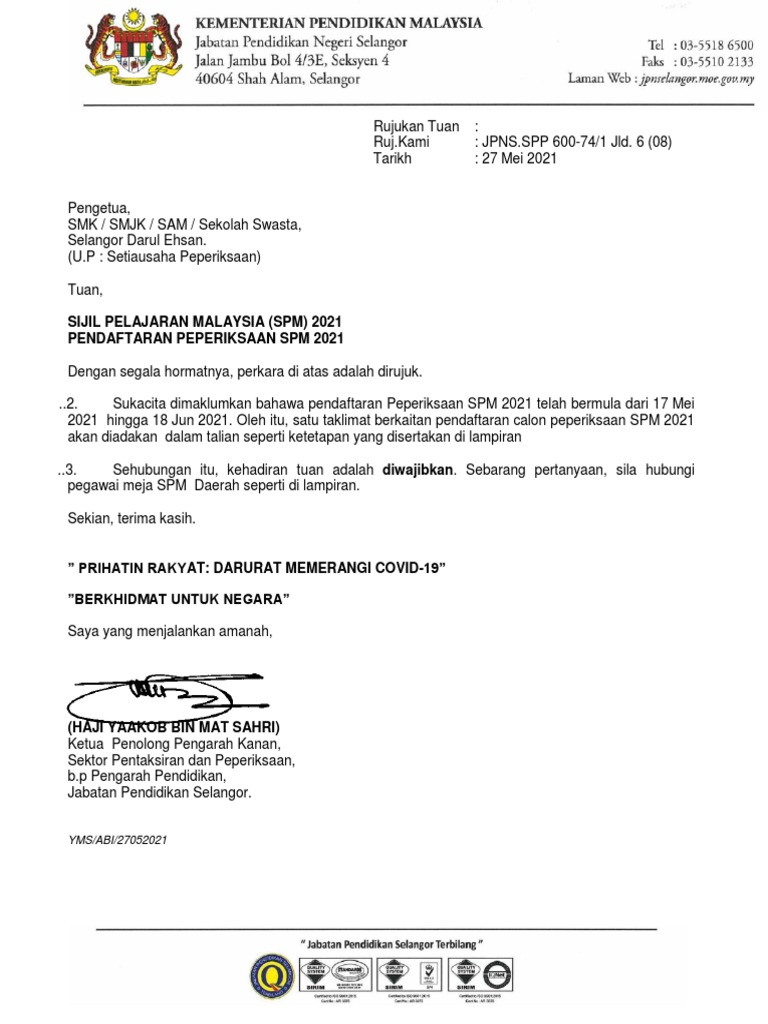 Sijil Pelajaran Malaysia (SPM) 2021 Pendaftaran Peperiksaan SPM 2021 | PDF
