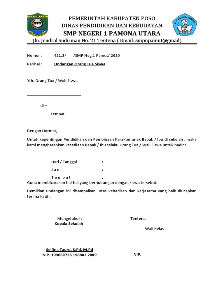 Surat Panggilan Orang Tua, Wali Siswa BK | PDF