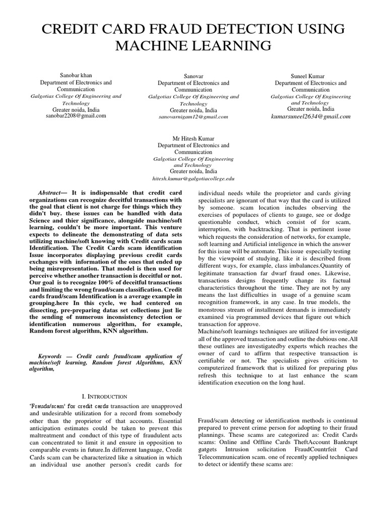 Credit Card Fraud Detection Using Machine Learning FINAL | PDF ...