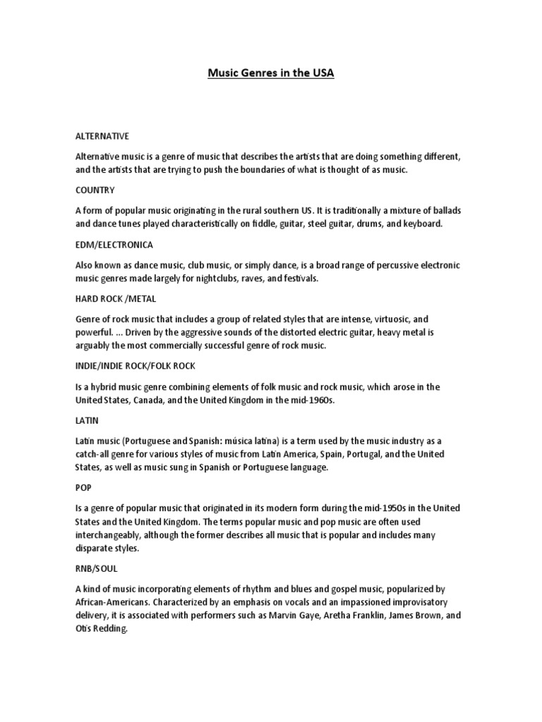 Music Genres in The USA | PDF | Rock Music | Folk Music