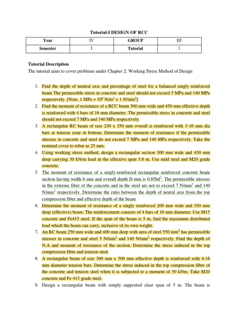 Tutorial-I DESIGN OF RCC: Year Group Semester Tutorial | PDF | Beam ...