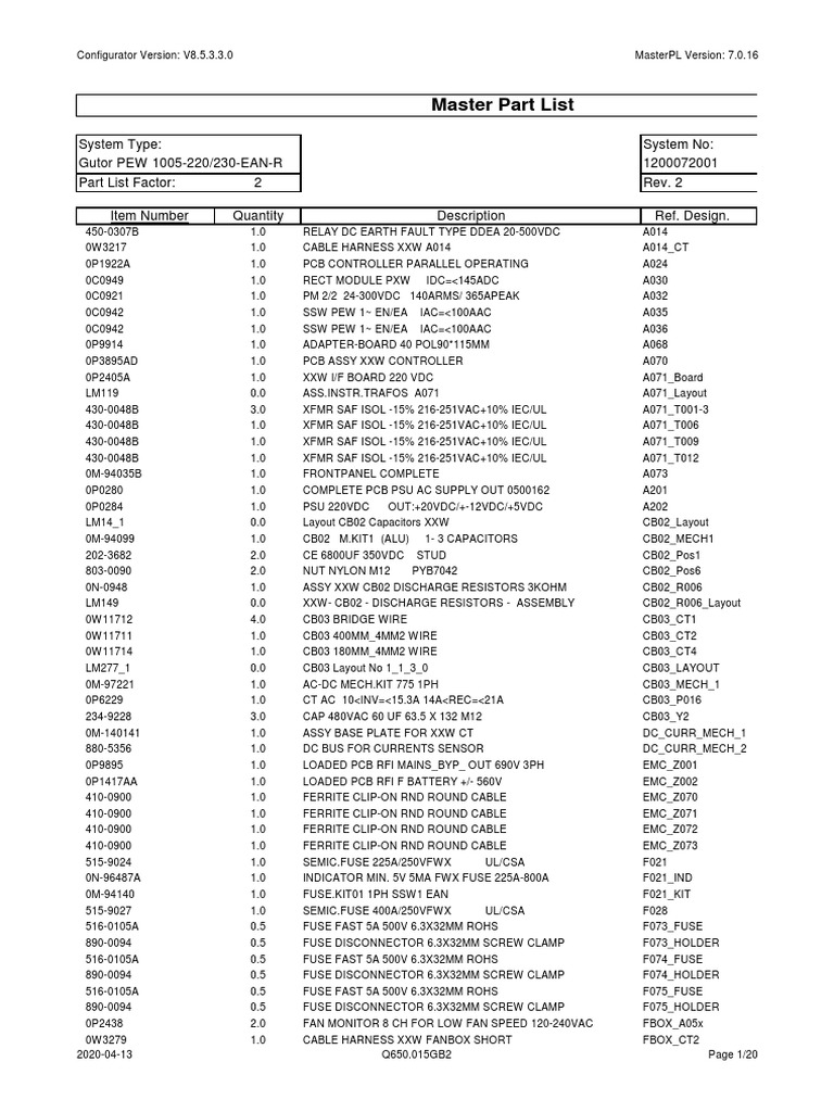 Gutor PEW 1005 Master Part List | PDF | Switch | Electrical Equipment