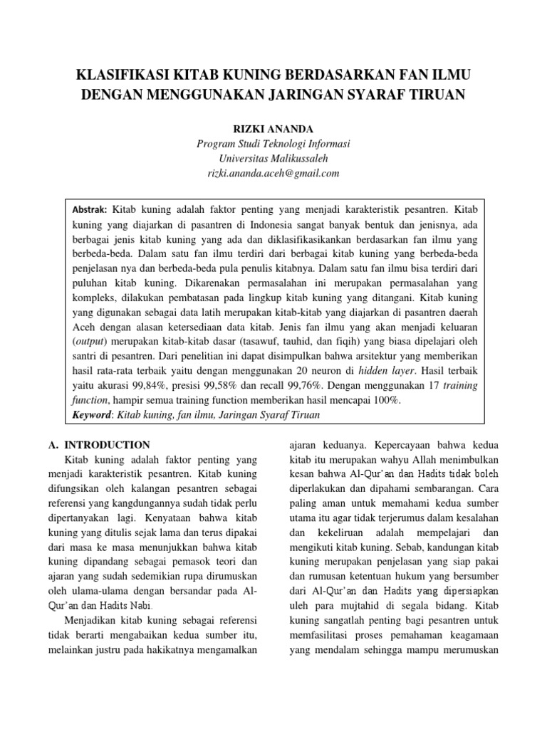 KLASIFIKASI KITAB KUNING BERDASARKAN FAN ILMU MENGGUNAKAN JARINGAN ...