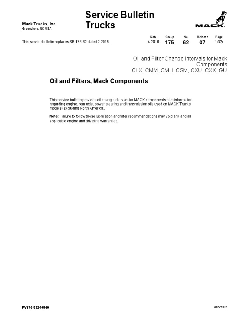 Service Bulletin Trucks: Oil and Filters, Mack Components | PDF | Motor ...