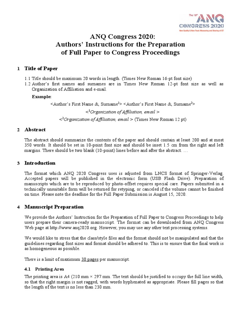 ANQ Congress 2020: Authors' Instructions For The Preparation of Full ...
