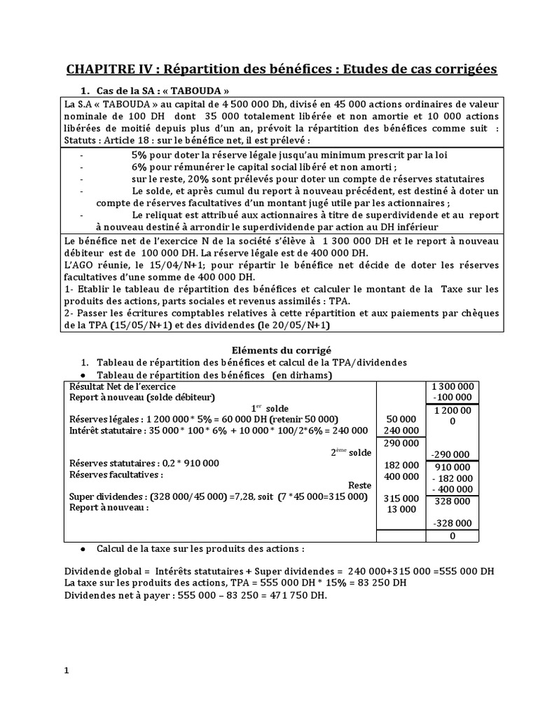 CH4 Répartition Des Bénéfices Etudes de Cas Corrigé | Descargar gratis ...