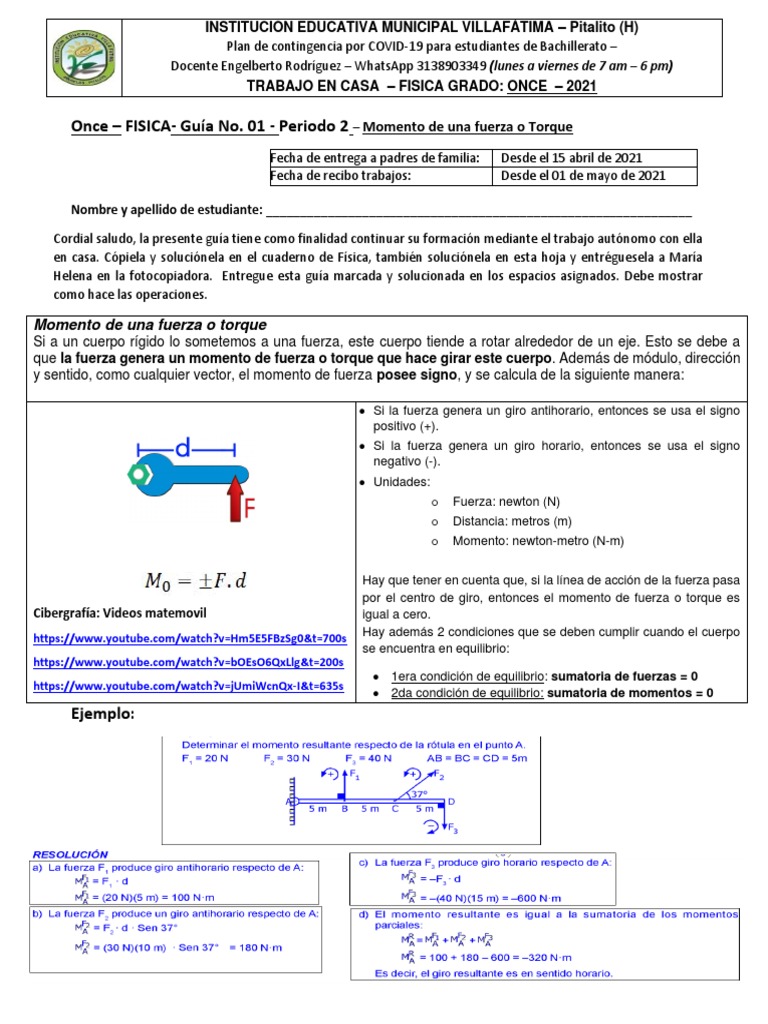 11 - Fisica - Guia 1 - Periodo 2 - Momento de Una Fuerza o Torque | PDF ...