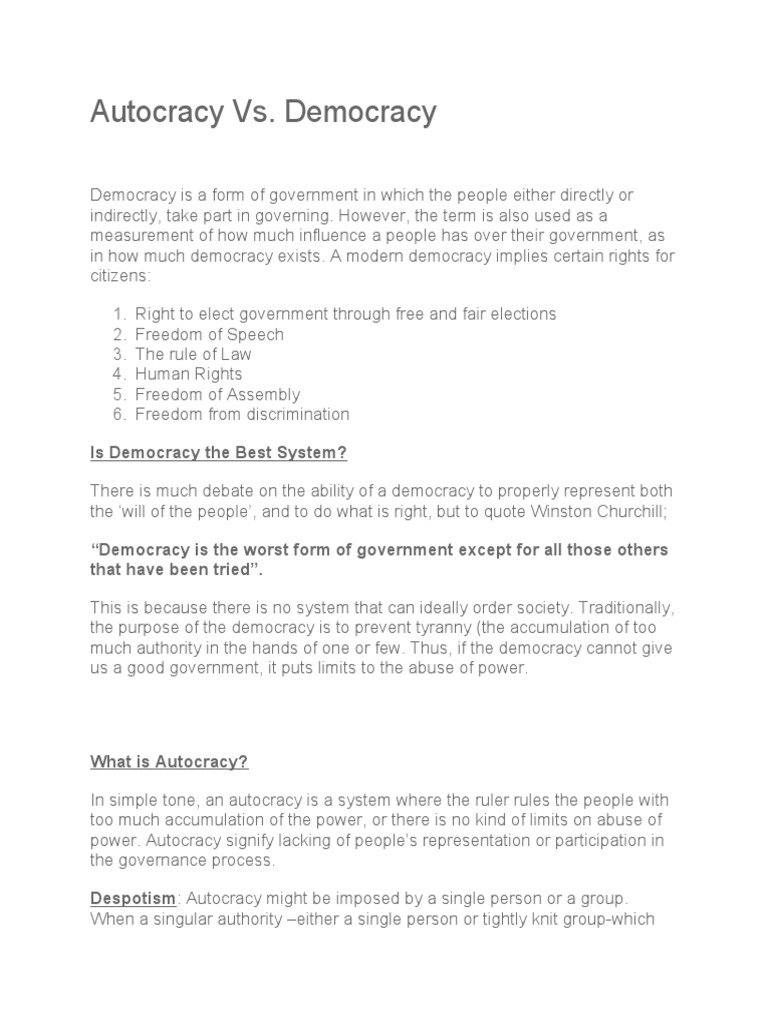 Autocracy Vs Democracy | PDF | Dictatorship | Authoritarianism