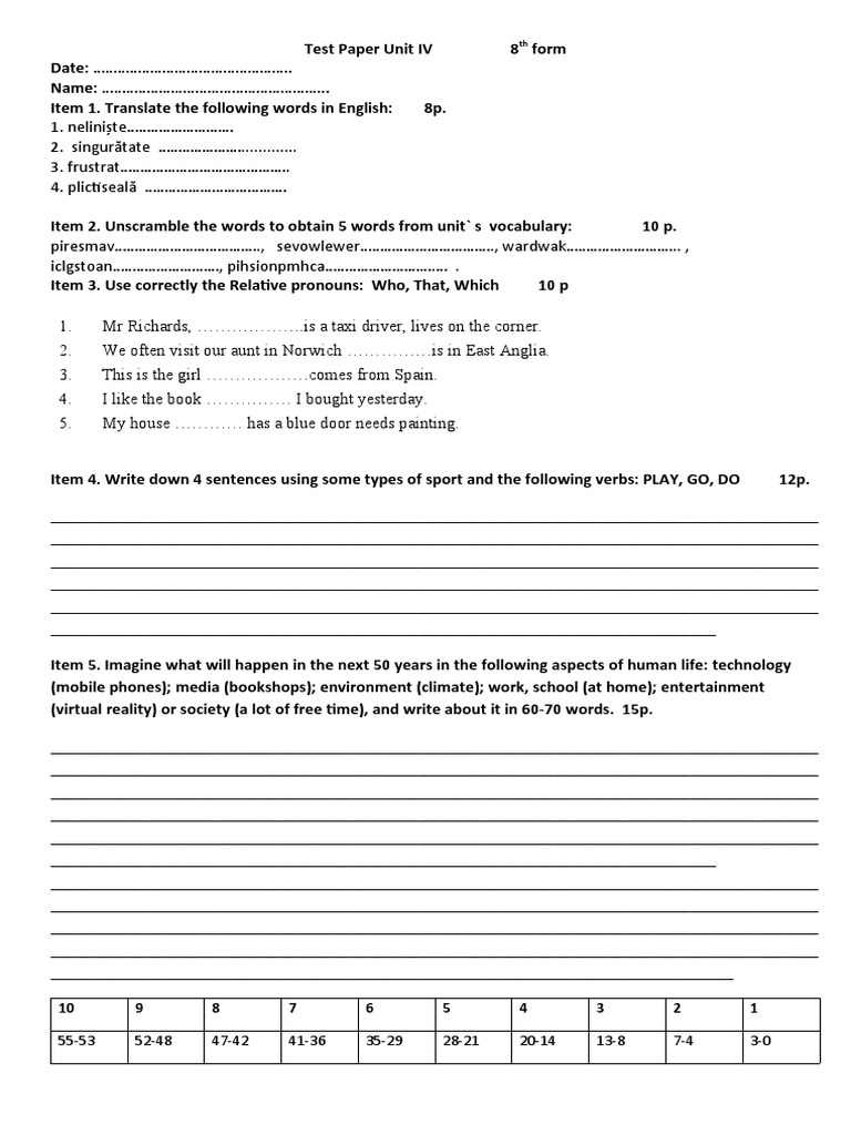 TestPaper Unit 4 8th Form | PDF | English Language | Word