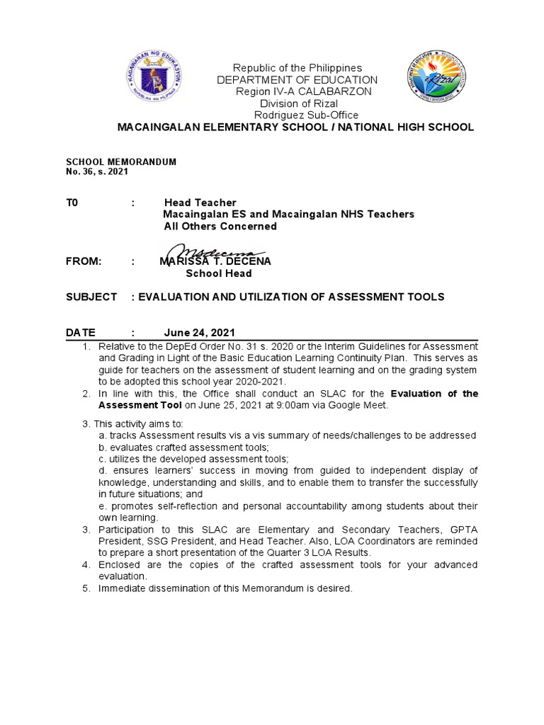 Evaluation of Assessment Tools Memo | PDF | Educational Assessment ...