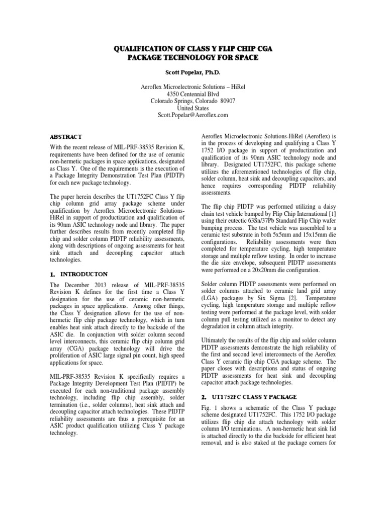 Qualification of Class Y Flip Chip Cga Package Technology For Space ...