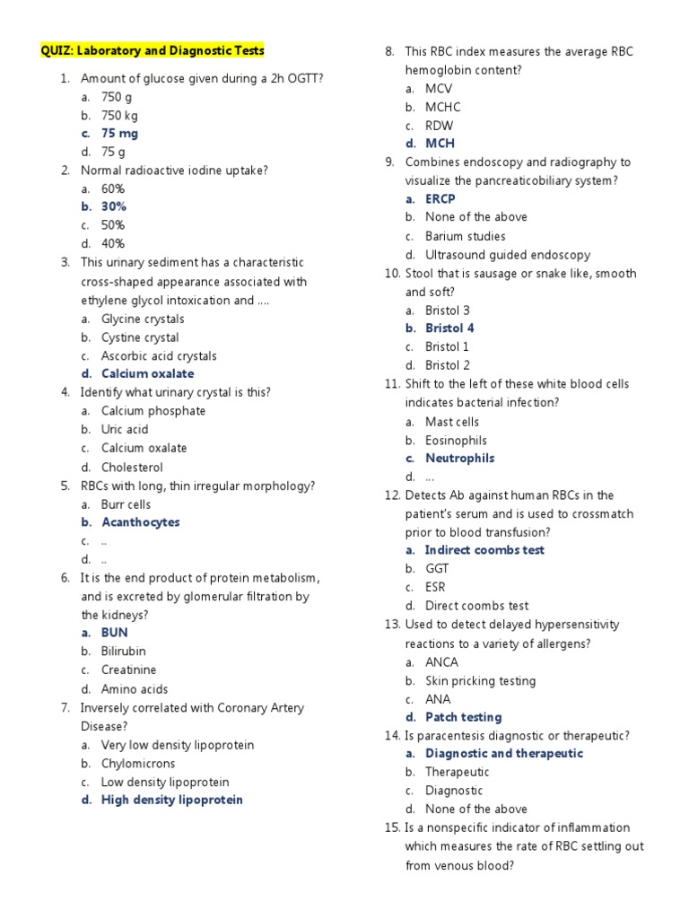 Laboratory and Diagnostic Tests Quiz Lec 1 | PDF | Echocardiography ...