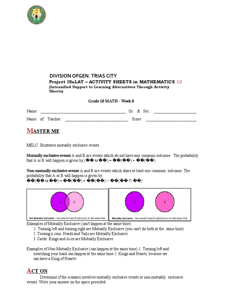 Division Ofgen. Trias City: Project Isulat - Activity Sheets in Mathematics | PDF | Probability ...