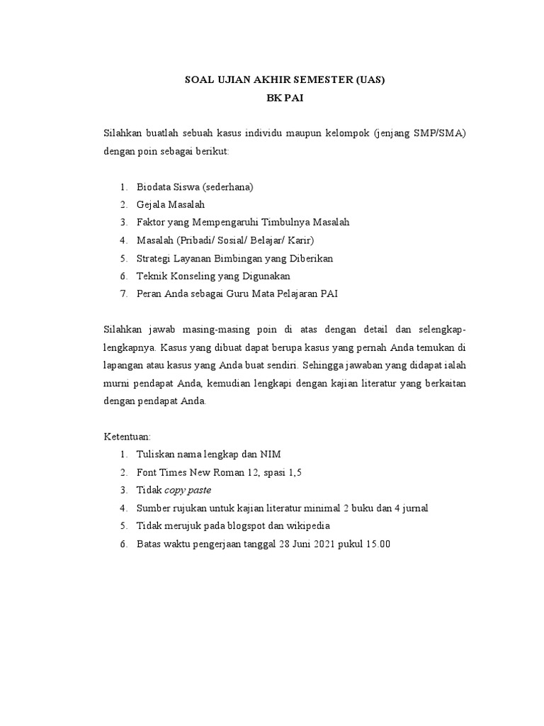 Soal Uas BK Pai 280621 | PDF