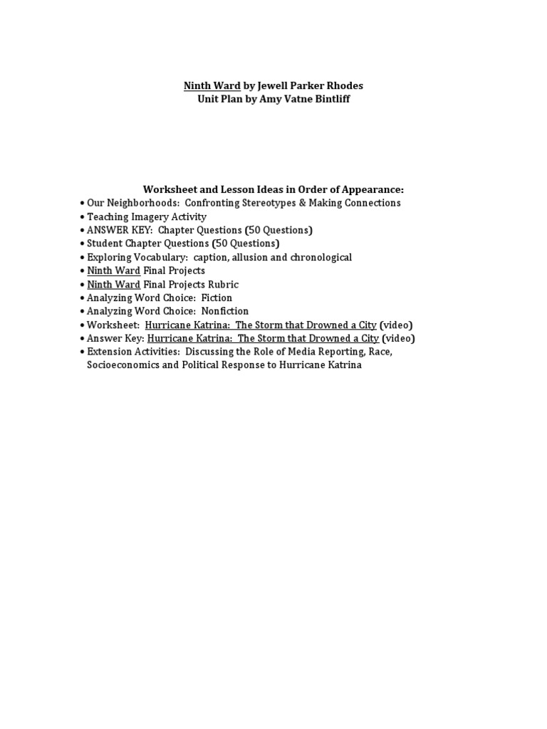 Ninth Ward by Jewell Parker Rhodes Unit Plan by Amy Vatne Bintliff ...