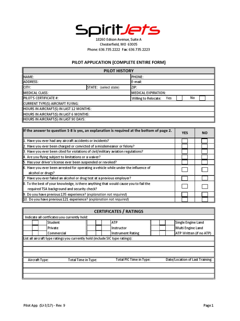 Main Form M A Pilot Application Form Spiritjets | PDF | Aviation ...