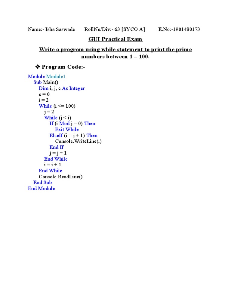 GUI Practical Exam Write A Program Using While Statement To Print The Prime Numbers Between 1 ...