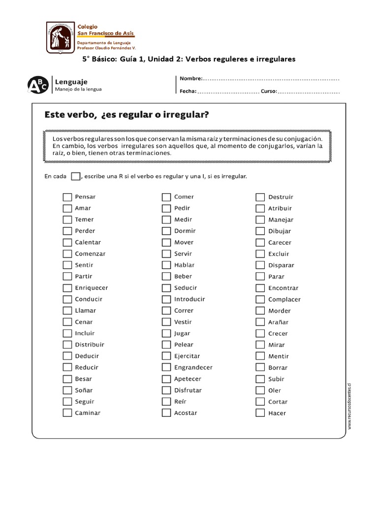 5° Unidad 2, Guía 1 - Verbos Regulares e Irregulares | PDF
