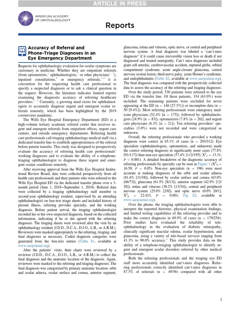 Accuracy of Referral and Phone-Triage Diagnoses in An Eye Emergency ...