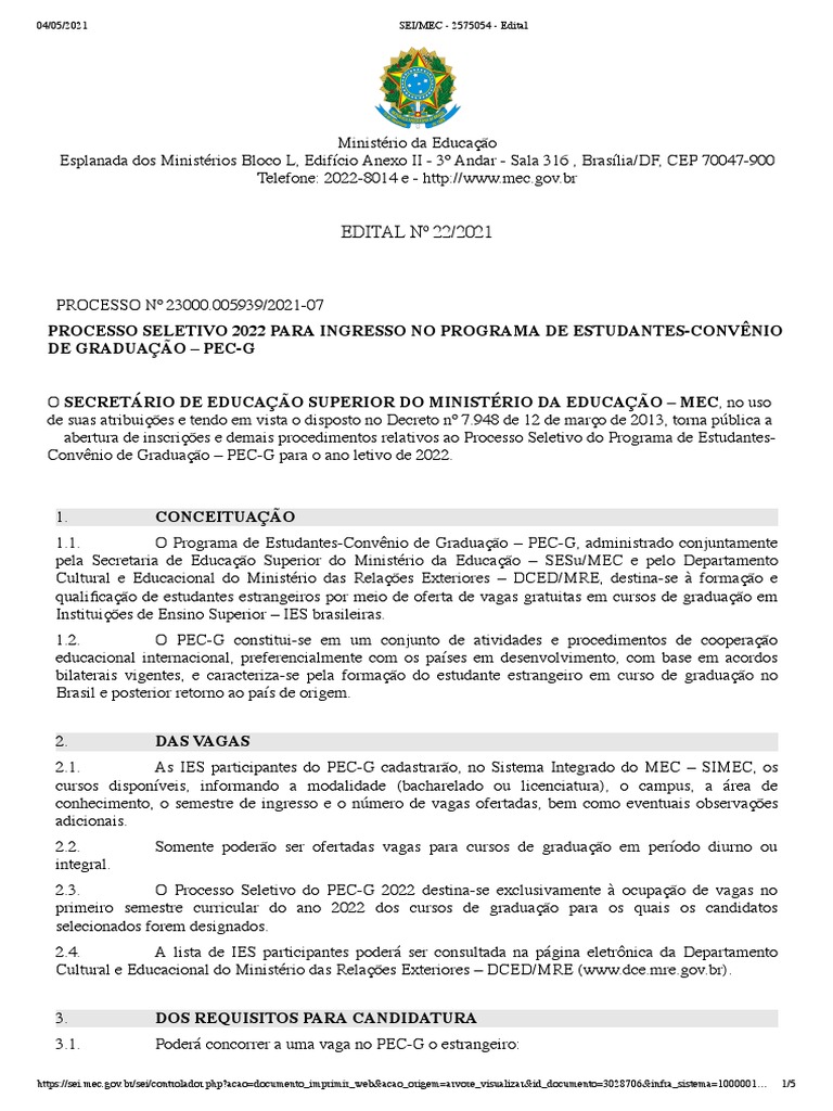 Edital PEC G 2022 | PDF | Ensino Superior | Formação universitária