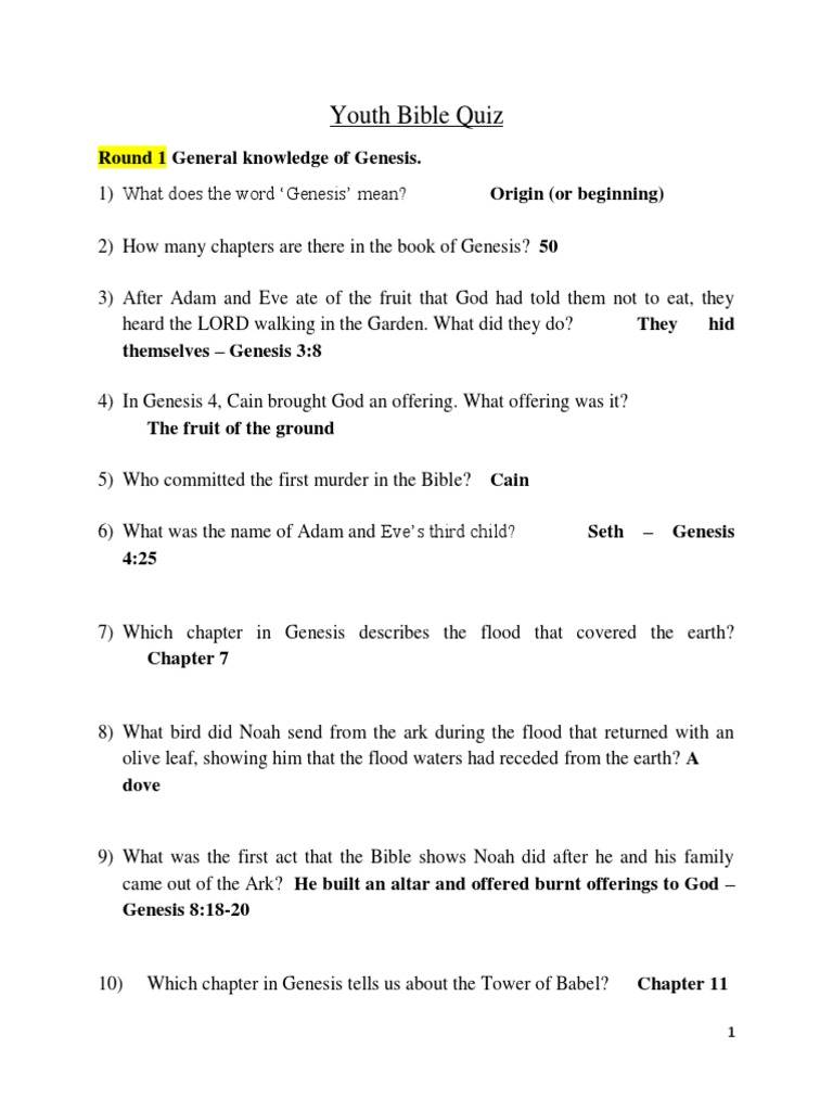 Youth Bible Quiz: Round 1 General Knowledge of Genesis. Origin (Or ...