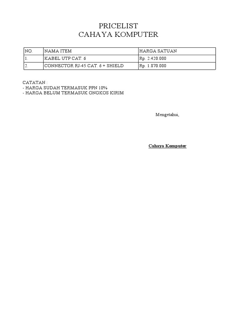 Price List Cahaya Komputer | PDF | Komputer