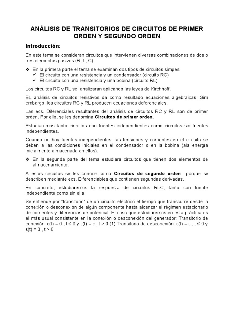 Análisis de Transitorios de Circuitos de Primer Orden y Segundo Orden | PDF | Red eléctrica ...