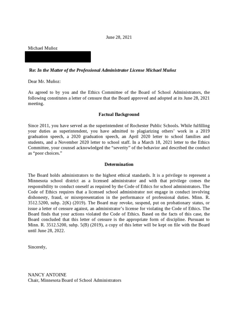 2021 Official Munoz Letter of Censure | PDF