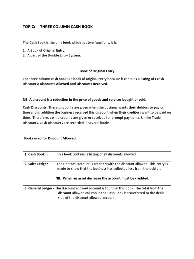 Three Column Cash Book Notes | PDF | Debits And Credits | Bookkeeping