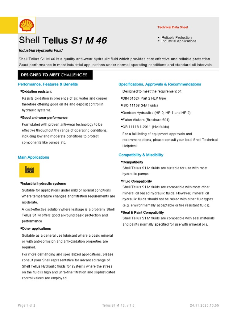 Shell Tellus S1 M 46: Performance, Features & Benefits Specifications ...