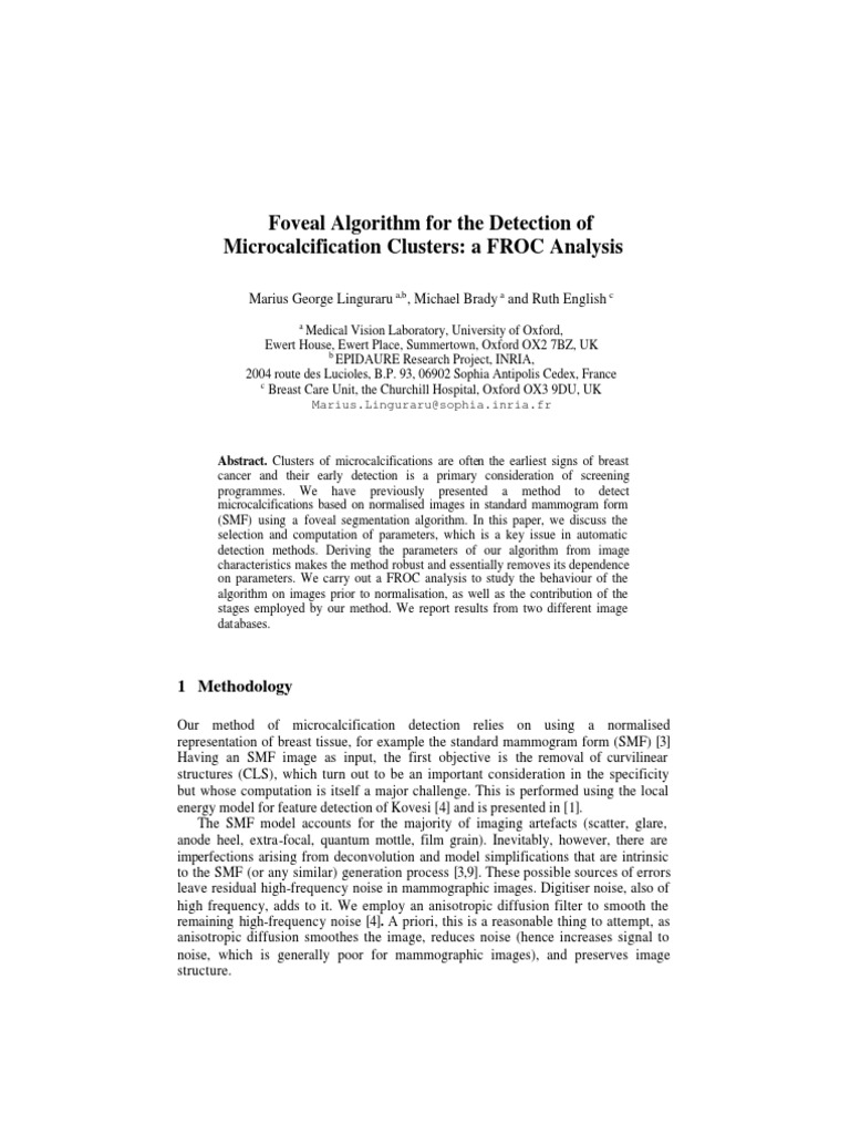 Foveal Algorithm For The Detection of Microcalcification Clusters: A FROC Analysis | PDF ...