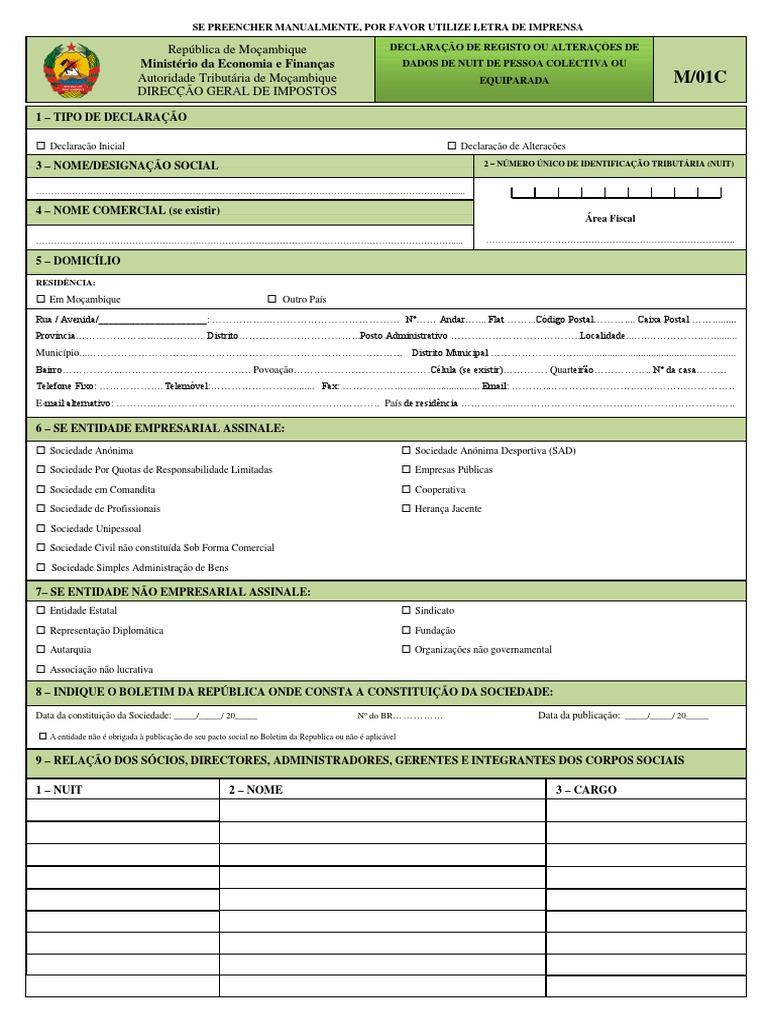 Modelo 01 C - Declaração de Registo Ou Alteração de Dados de NUIT de ...