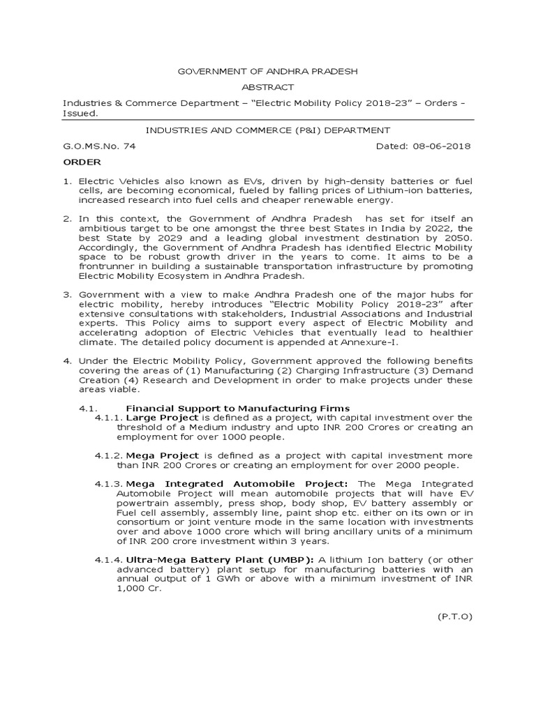 Andhra Pradesh Electric Mobility Policy 2023 | PDF | Electric Vehicle ...