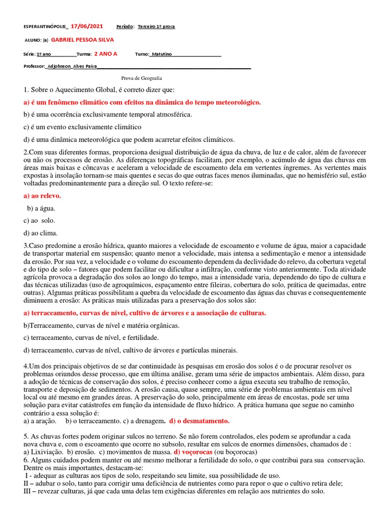 Prova Respondida | PDF | Erosão | Clima