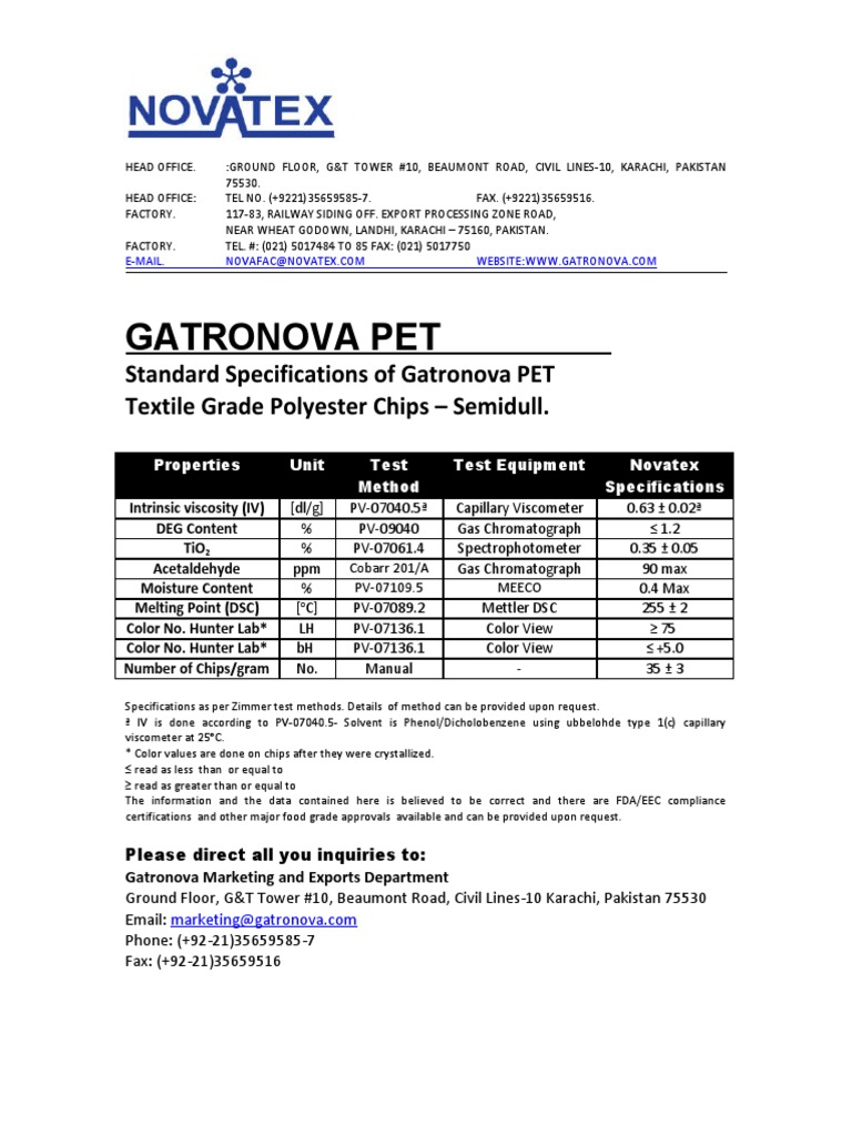 TDS Gatronova PET Textile Grade Semidull Polyester Chips | PDF