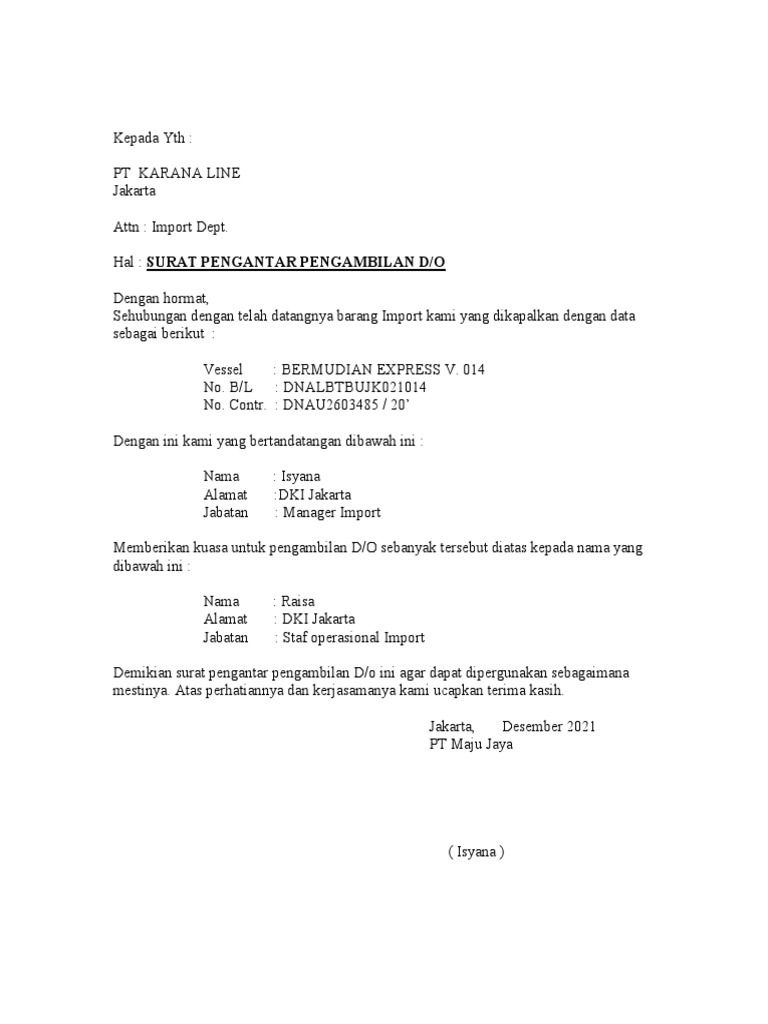 Contoh Pengantar Pengambilan DO | PDF