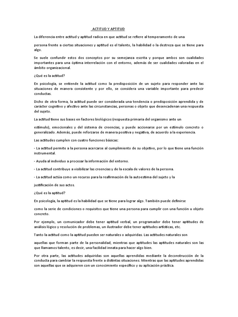 Diferencias entre Actitud y Aptitud | PDF | Actitud (psicología ...