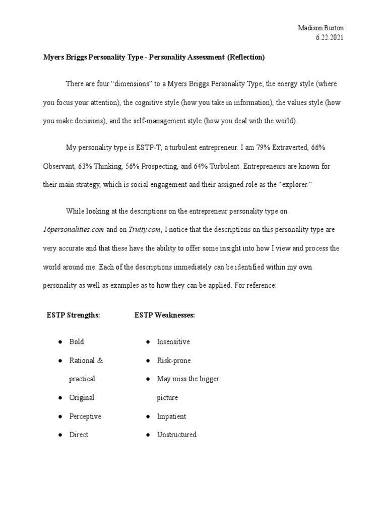 Myers Briggs Personality Type - Personality Assessment Reflection | PDF ...
